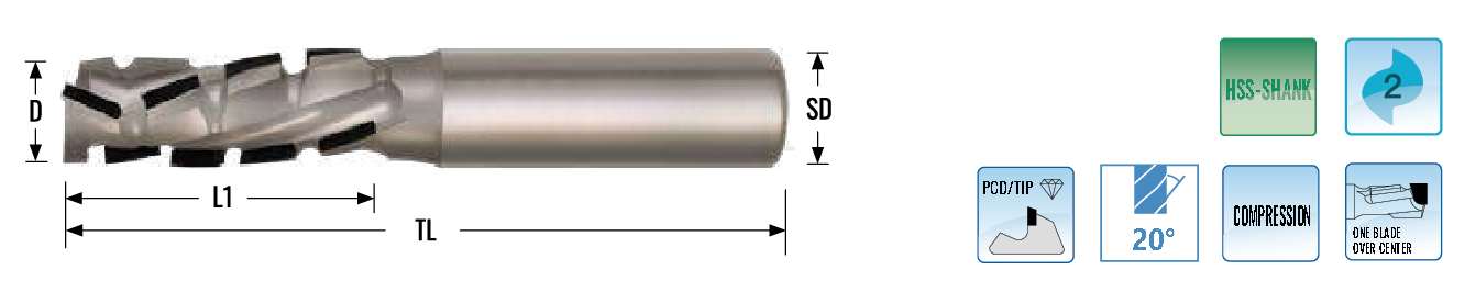 Sundi - Z2+2 PCD Wood Working Milling Cutter With HSS Shank Body PCD H2.5mm